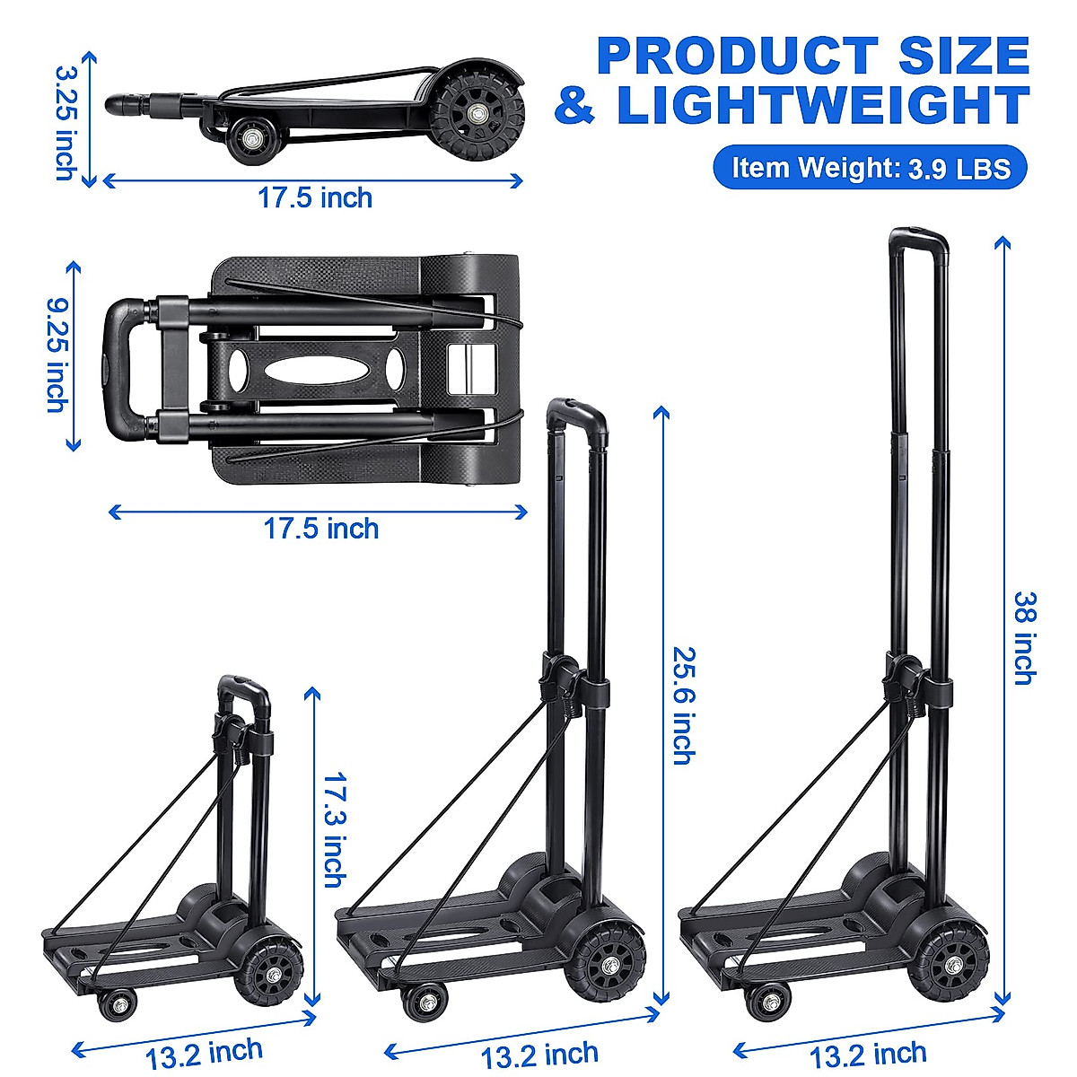 ROYI Folding Hand Truck,290lbs Heavy Duty Luggage Cart with Elastic Bungee Rope,4 Wheels Solid Construction Fold Up Dolly Compact Lightweight Utility Cart for Luggage Travel Shopping Moving Office Use