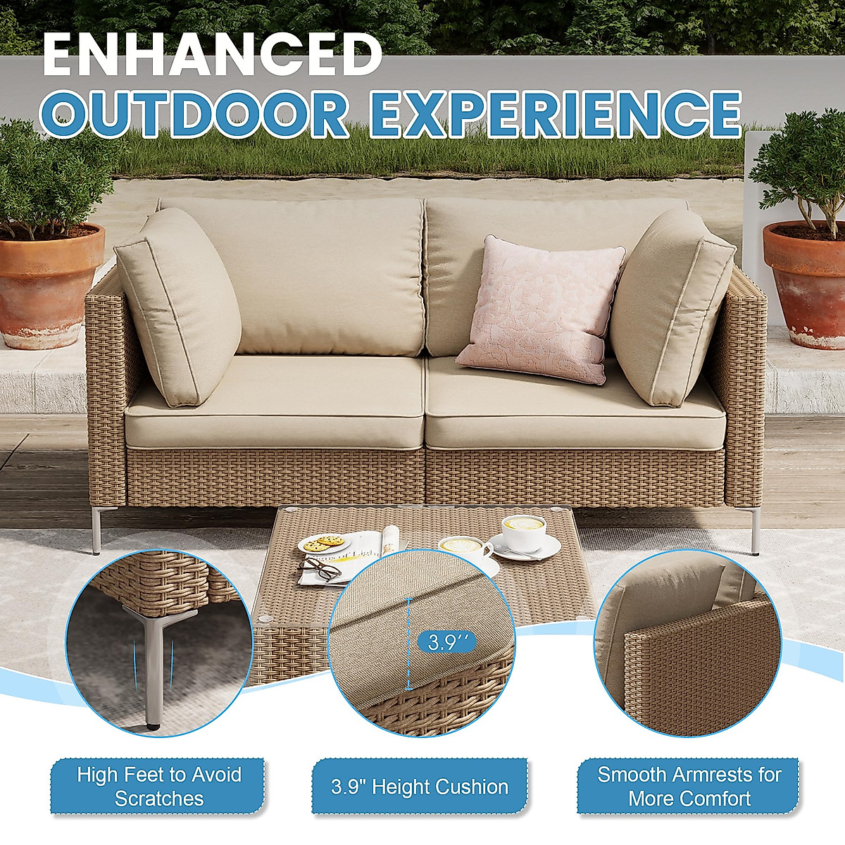 DIFY Outdoor Furniture Patio Set 7 Pieces Wicker Rattan Conversation Set with Thickened Cushions and Coffee Table, Sectional Sofa Set for Porch Deck Garden, Oak