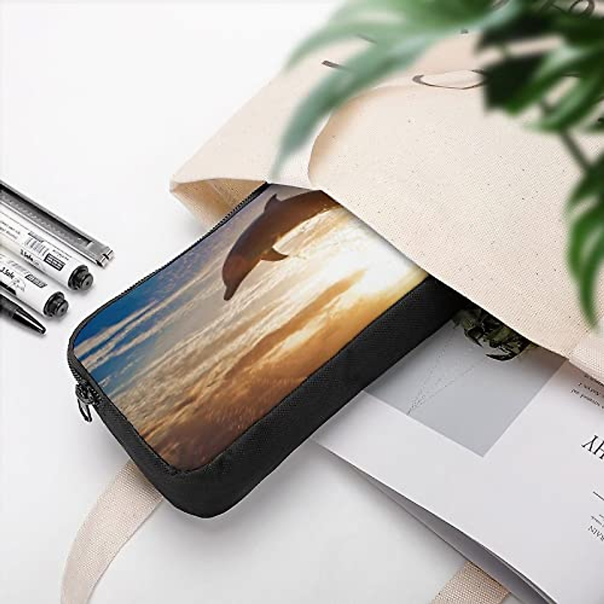 Dolphin Jumping Sea Surface at Sunset Pencil Case Pencil Pouch Coin Pouch Cosmetic Bag Office Stationery Organizer