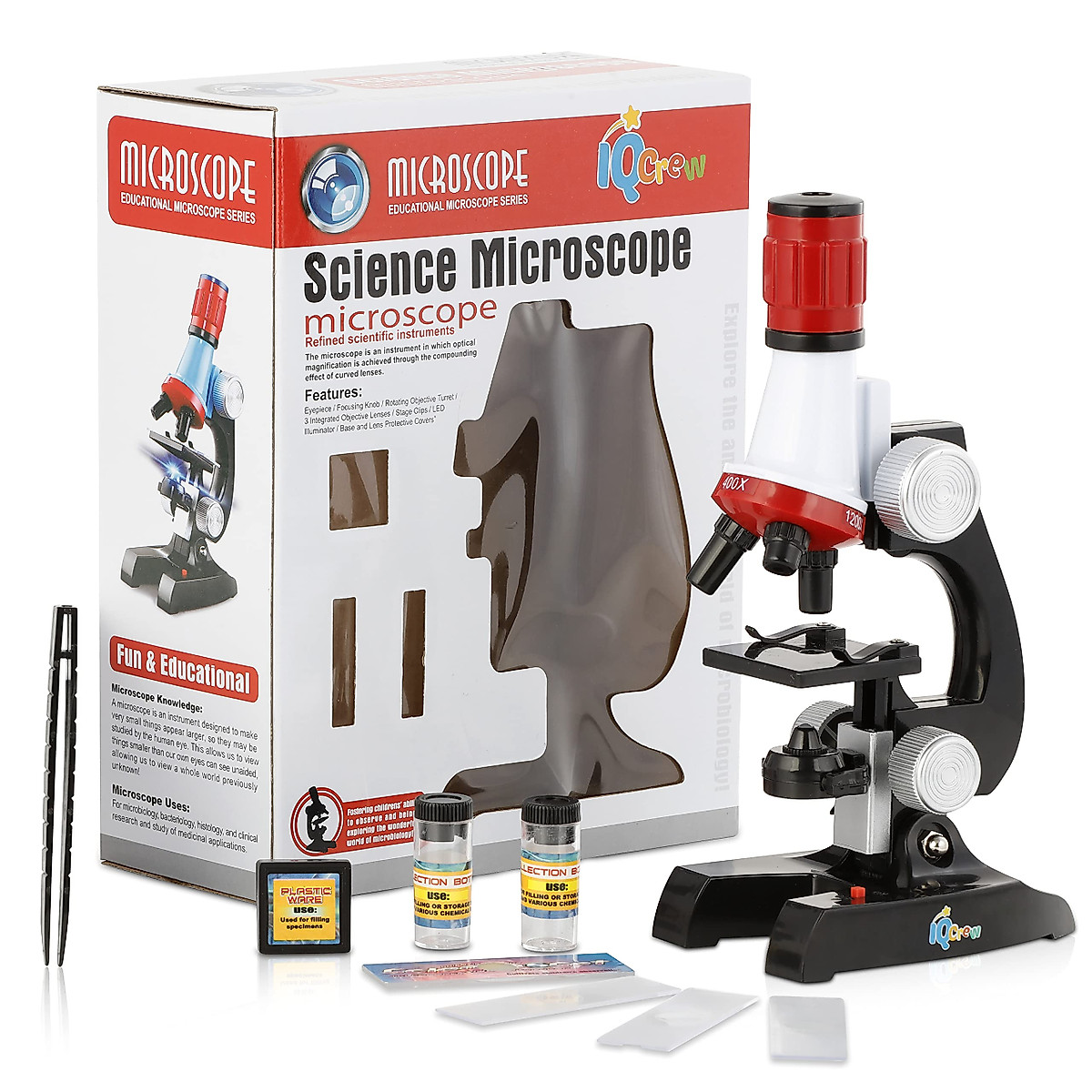 IQCREW ETXWJ04 100X-1200X LED Kids Beginner Microscope Toy Set + Slides Preparation Kit