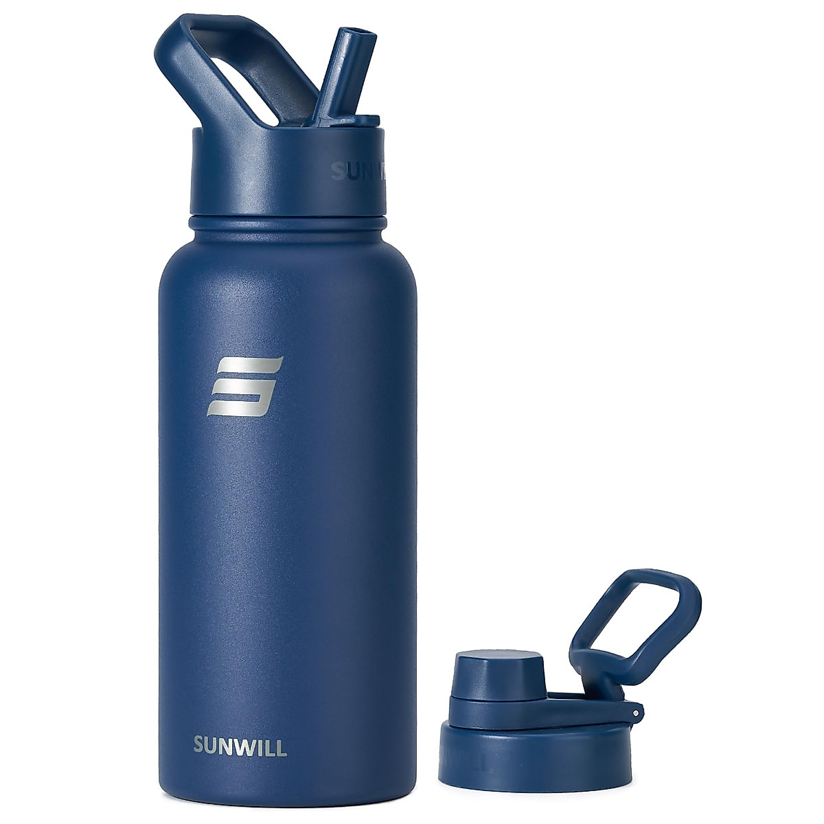 SUNWILL Insulated Water Bottle with Straw 32oz, Stainless Steel Travel Water Bottle, Reusable Wide Mouth Flask with 2 Lids (Straw & Spout Lid), Leak Proof BPA Free Thermal Canteen, Navy