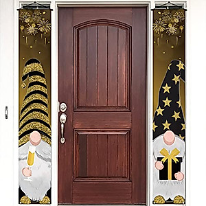 Happy New Year Gnome Porch Banner 2023 New Year's Eve Christmas Holiday Front Door Sign Wall Hanging Party Decoration