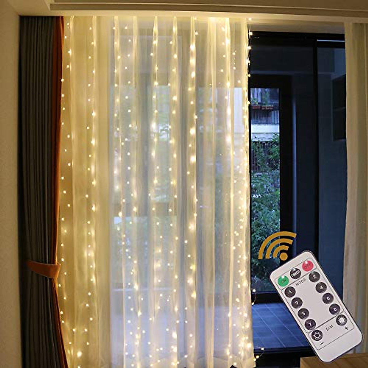 GUOCHENG Copper String Curtain Lights 3m x 3m LED Curtain Fairy Lights USB Powered Window Light Strings with Remote for Home Bedroom Party Wedding, Indoor Outdoor Decorations-Warm White