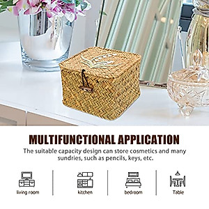 Cabilock Shelf Baskets with Lid Handwoven Seagrass Storage Box Wicker Basket Desktop Makeup Organizer Multipurpose Container for Wardrobe Home Organizer