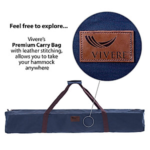 Vivere Double Cotton Hammock with Space Saving Steel Stand, Upgraded Polyester End Strings 450 lb Capacity - Premium Carry Bag Included - USA Grown Cotton (Natural)