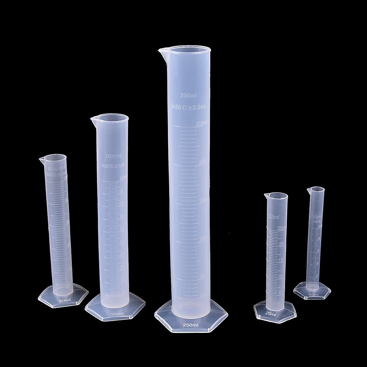 Buytra 5 Sizes Clear Plastic Graduated Cylinders (10 25 50 100 250ml) 5 Pack Plastic Beakers Set- 50, 100, 250, 500, 1000ML