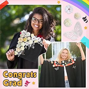 Canlierr 32 Pcs DIY Graduation Cap Decorations Accessory Kit Include Faux Flower Heads 3D Butterfly Grad Cap Decorations (White Tone)