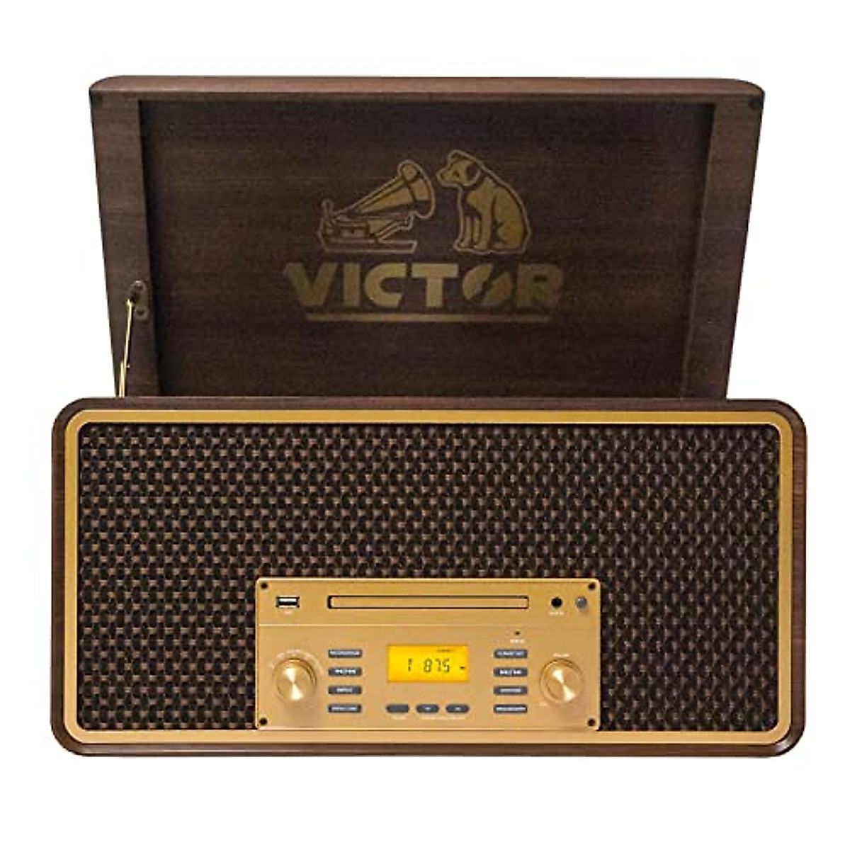 VICTOR Monument 8-in-1 Turntable Music Center with 3-Speed Record Player, CD/MP3/Cassette Player, AM/FM Radio, Dual Bluetooth in & Out, USB Playback & Record, and Built-in Stereo Speakers, Espresso
