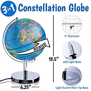 USA Toyz Illuminated Globe of the World with Stand - 3in1 World Globe, Constellation Globe Night Light, and Globe Lamp with Built-In LED, Easy to Read Texts, and Non-Tip Base, 13.5 Inch Tall