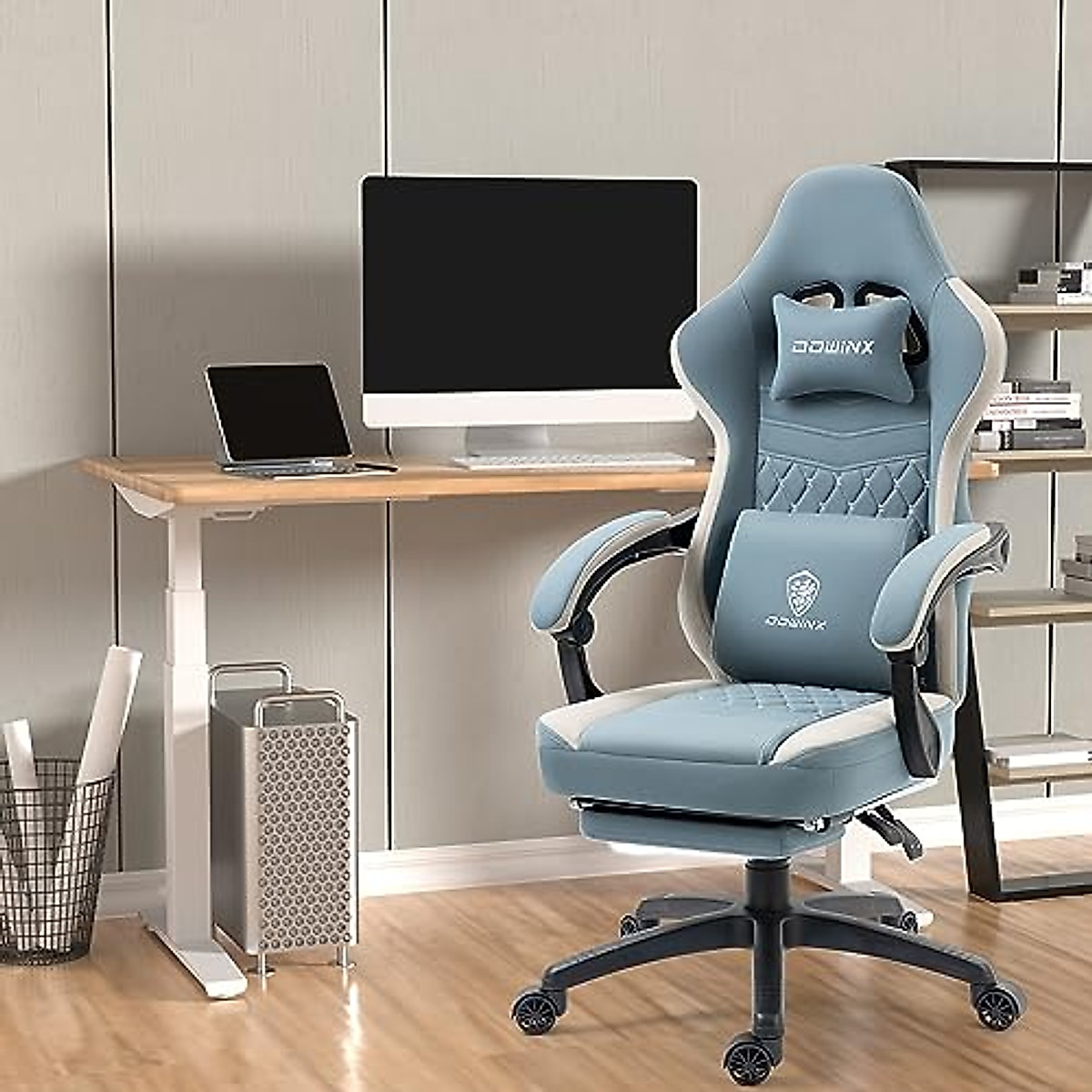 Dowinx Gaming Chair Breathable Fabic Computer Chair with Pocket Spring Cushion, Comfortable Office Chair with Gel Pad and Storage Bags,Massage Game Chair with Footrest,Blue