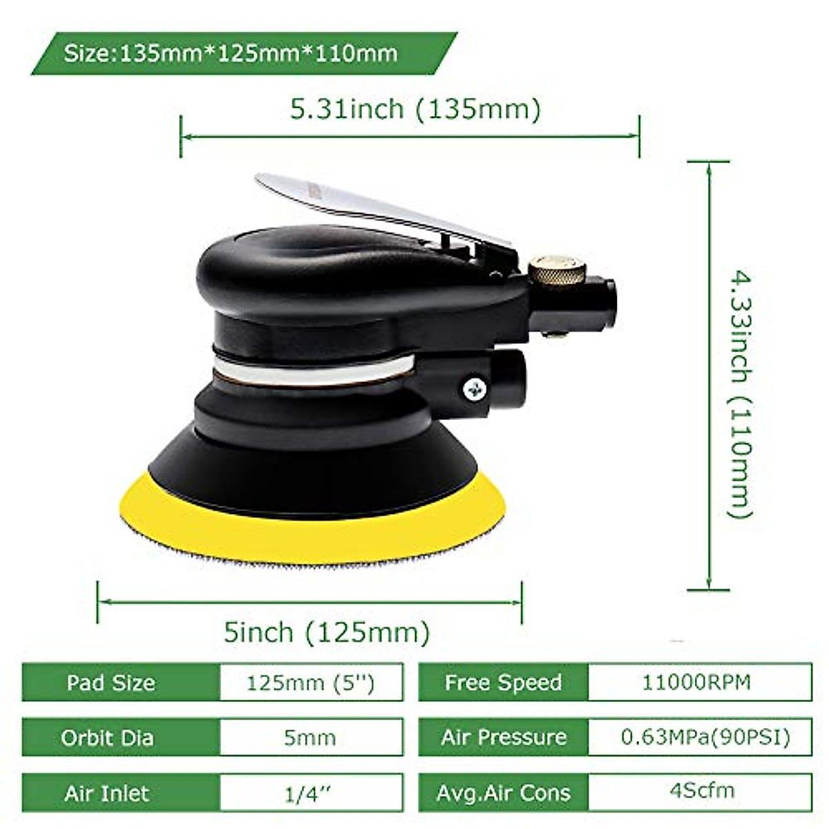 DFESKAH Air Random Orbital Sander,5"Air Sander,Dual Action Pneumatic Sander