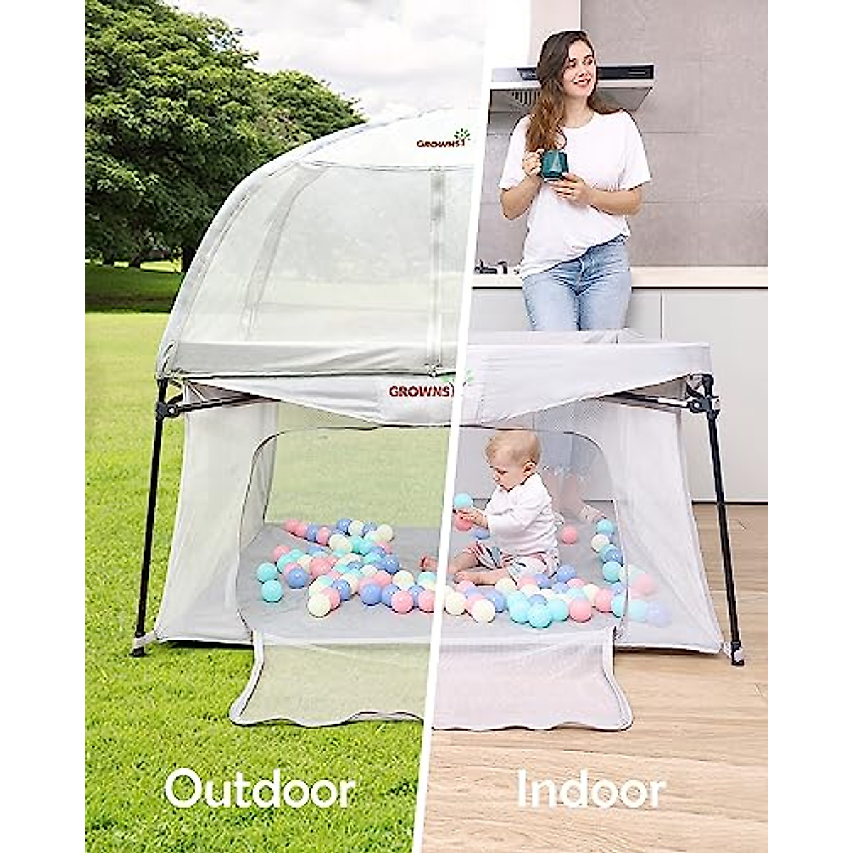 GROWNSY Baby Playpen, Foldable Indoor Outdoor Playpen with Canopy, Portable Playpen for Babies and Toddlers, Play Yard for Indoor/Outdoor, Lightweight and Sturdy, 48×48 Inch, Grey.