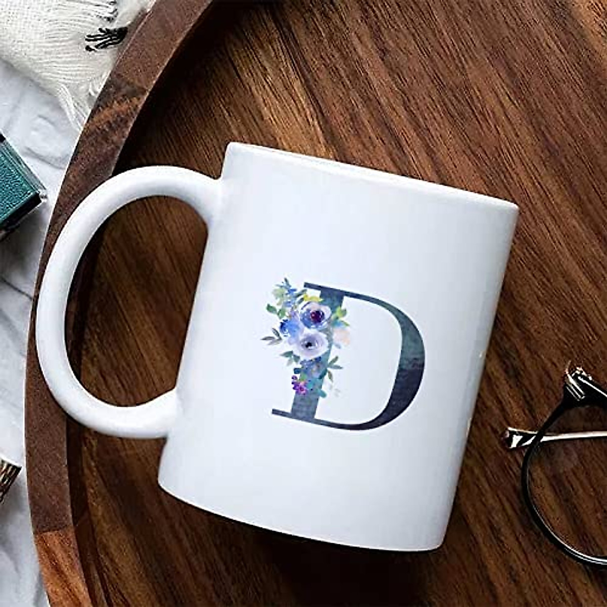 Floral Monogram Letter D Blue Ink Word Ceramic Mugs Coffee Mug Alphabet Letter Mockup Mug White Cup Mock Up Tea Mug Secret Santa Gift Christmas Eve 11oz