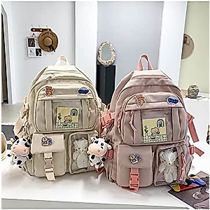 LIEEI Backpack with Cute Pins and Plush Pendant for Teen Girls School Large Capacity Waterproof School Bag Bookbag Backpacks (Pink-2)