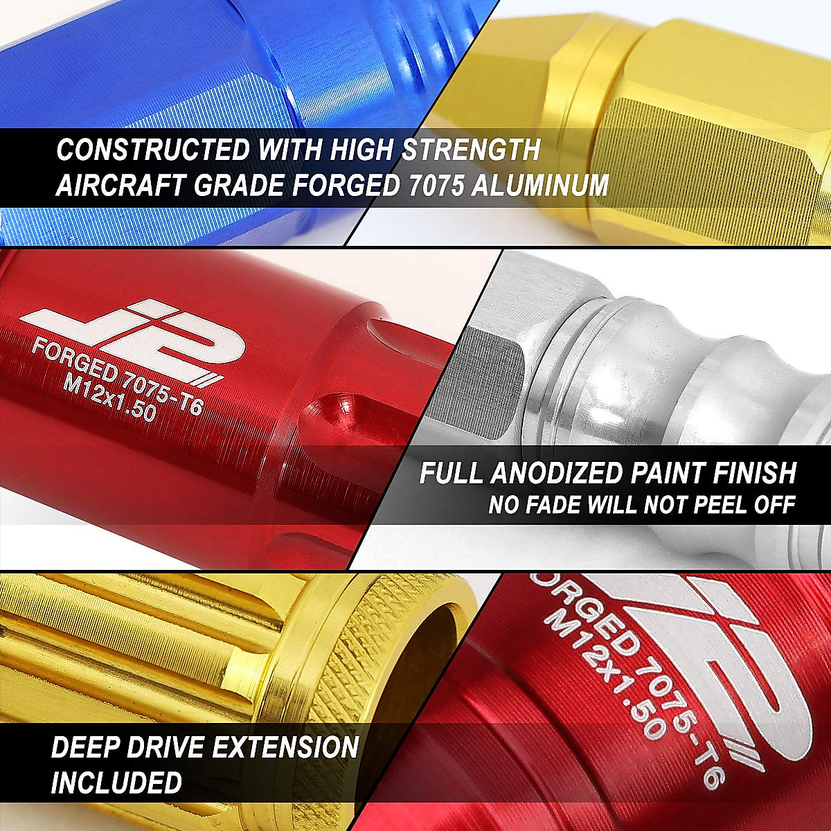 J2 Engineering LN-T7-026-15-RD 7075 Aluminum M12 x 1.5 25mm OD / 70mm 20x Lug Nut + 1x Key, Red
