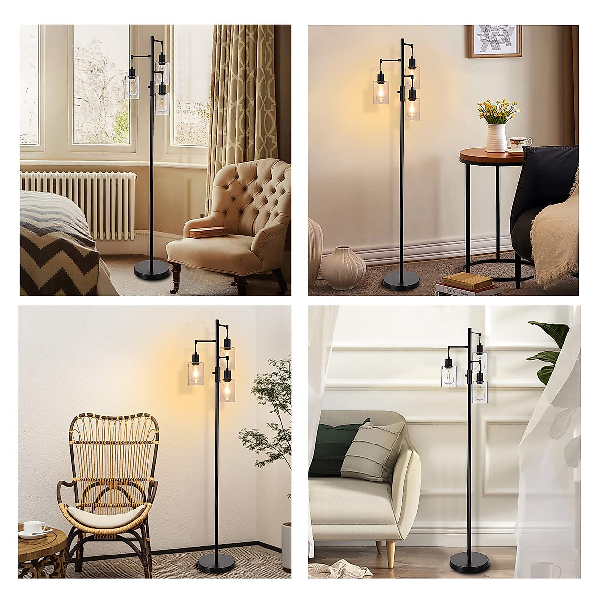 Liylan Dimmable Floor Lamp, Industrial Floor Lamp for Living Room Bedroom, Black 3 Lights Tree Standing Lamp, with On/Off Switch, Clear Glass Shade