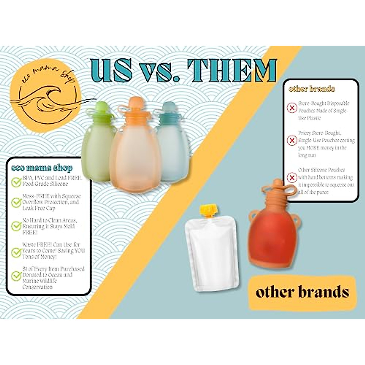 Eco Mama Shop: Toddler Reusable Silicone Food Pouches, 3 Pack, Squeeze Pouches for Kids, Refillable Pouches for Applesauce Yogurt and Purees, Baby Food Feeder