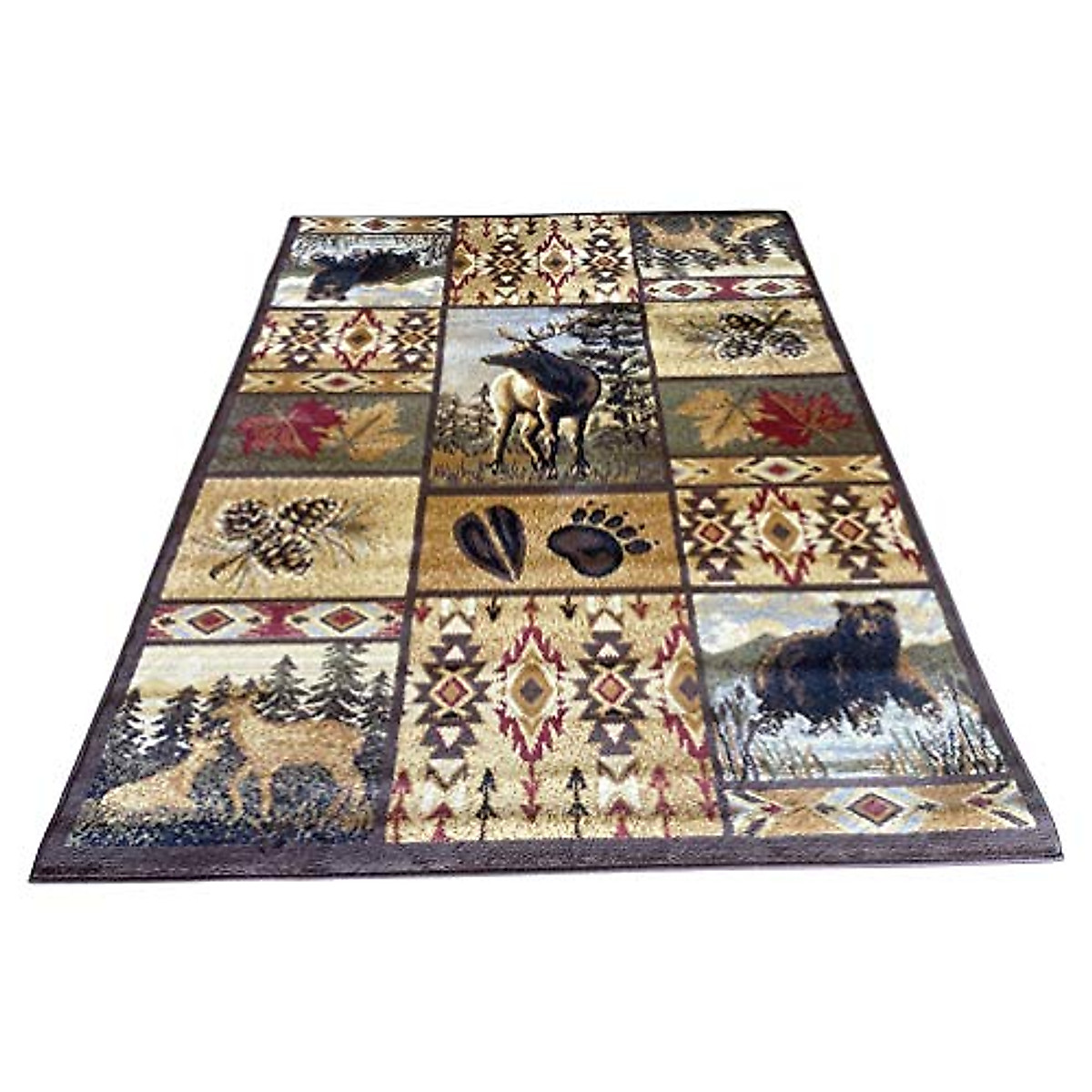 Cabin Style Distressed Antiquated Area Rug Black Bear Elk Deer Wildlife Animal Country Hunting Southwest Wilderness Design 760 (5 Feet X 7 Feet)