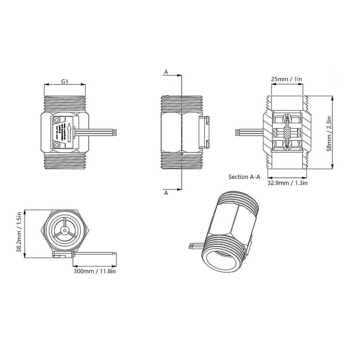 Counter, 24V Water Sensor with NPN Output, G1 Thread Brass Rate Meter, in Line Flowmeter for PLC