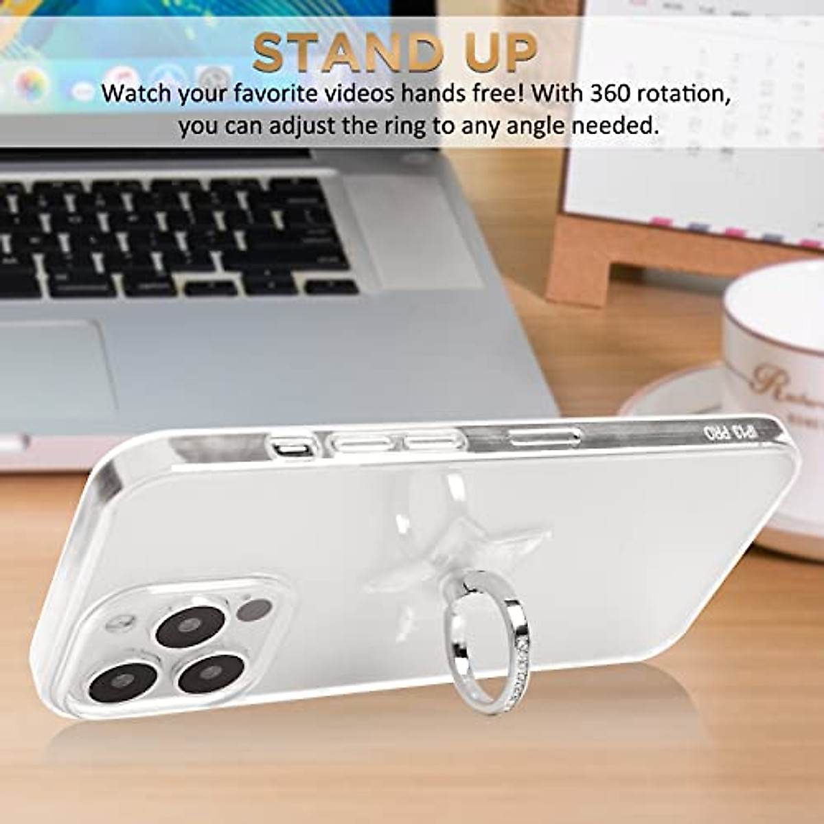 Clear Ring Holder Finger Stand Set of 2, Mavis's Diary Cute Bling Cell Phone Grip 360°Rotation Universal Luxury Crystal Metal Kickstand (Round & Star & Cat)