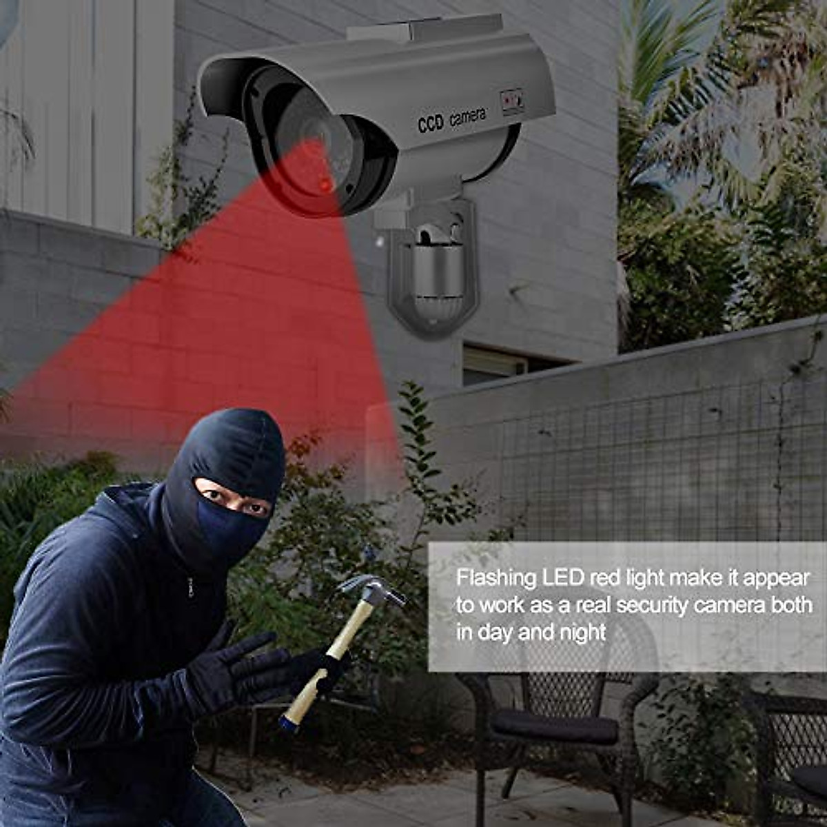 YSUCAU Solar Powered Bullet Dummy Fake Camera Surveillance Security CCTV Dome Camera with Flashing Red LED Light & Warning Security Alert Sticker Decals Outdoor/Indoor Use (1 Pack)