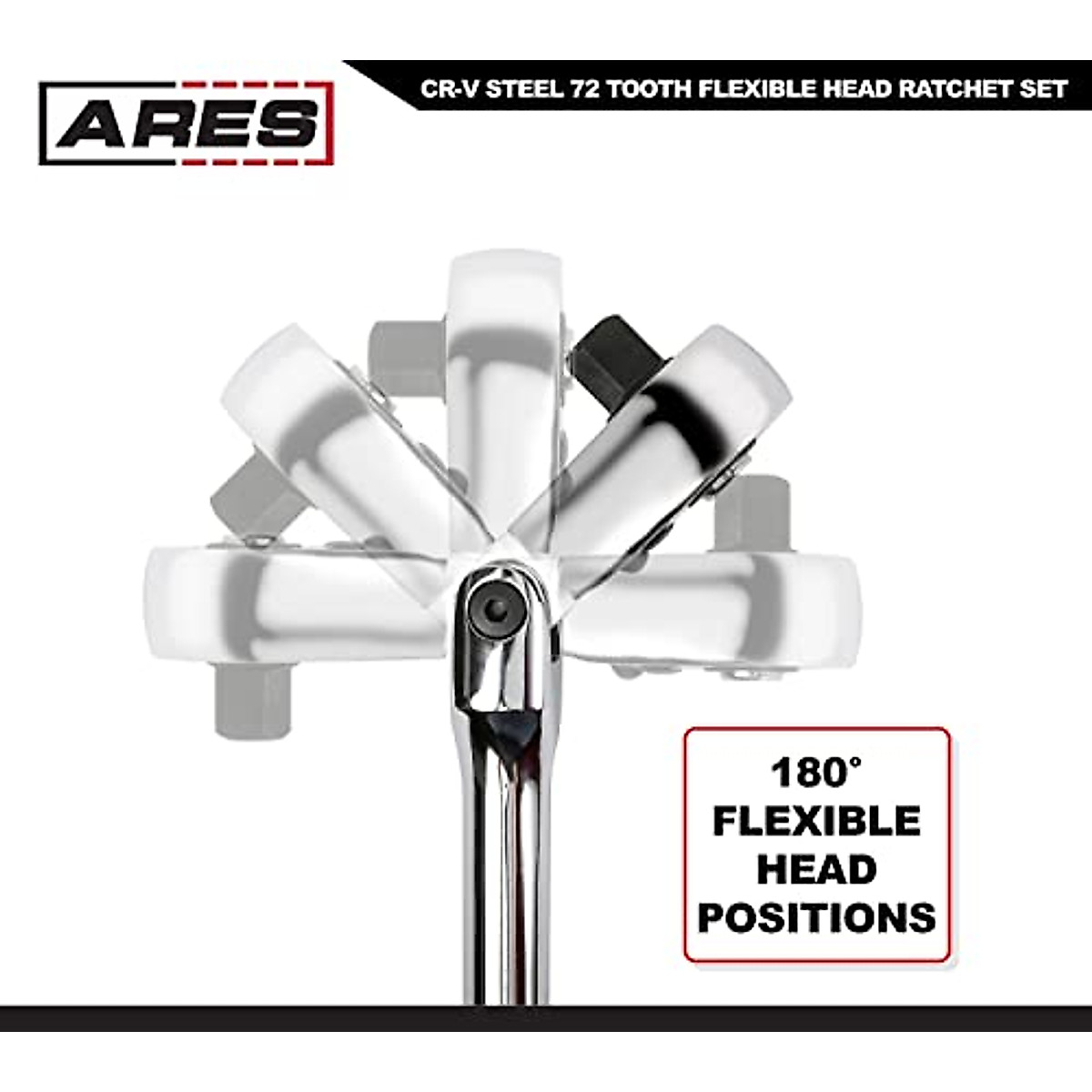 ARES 42028-3-Piece 72-Tooth Flex Head Ratchet Set - Premium Chrome Vanadium Steel Construction & Chrome Plated Finish - 72-Tooth Quick Release Reversible Design with 5 Degree Swing