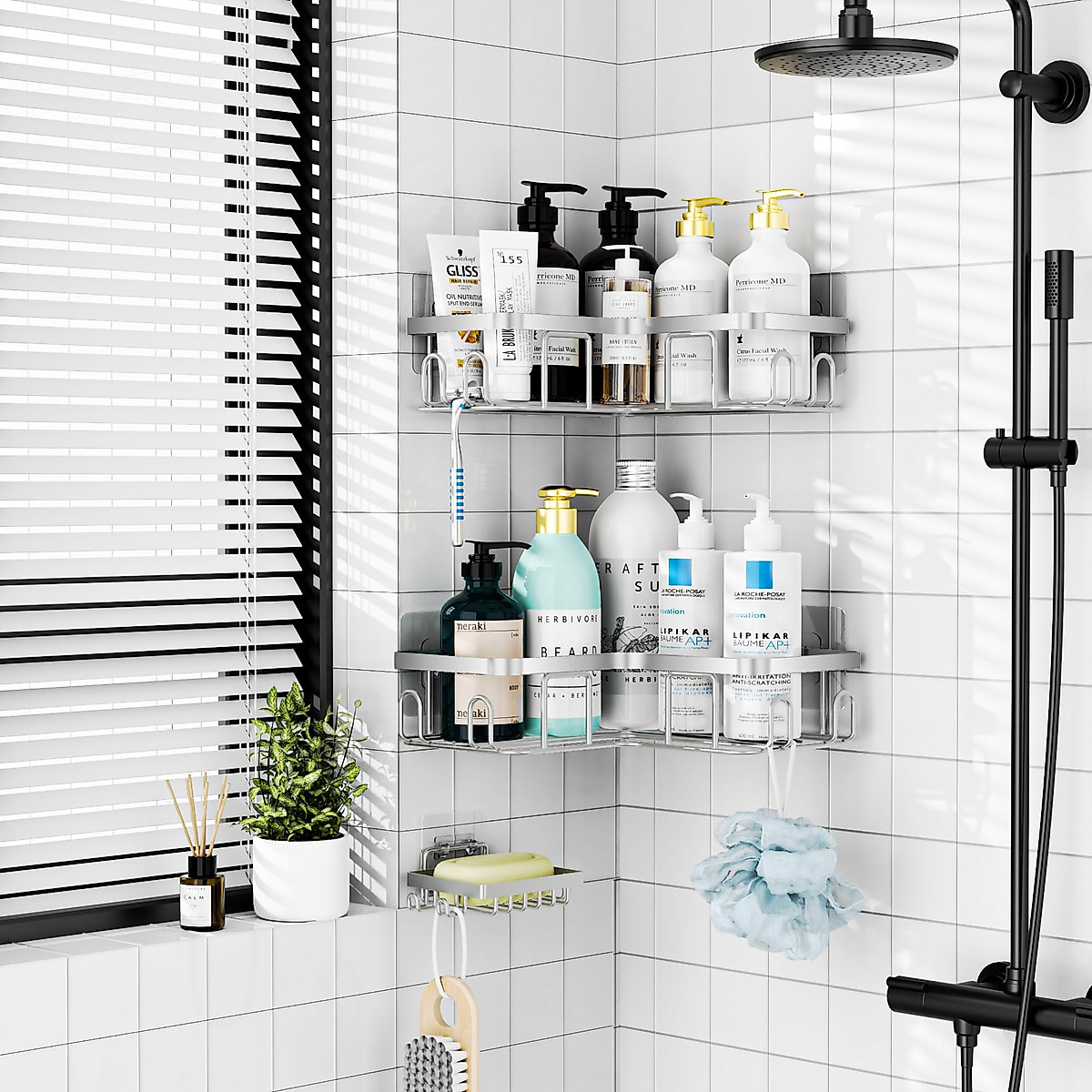 Moforoco Corner Shower Caddy - 3 Pack Shower Organizer with Soap Holder and 12 Hooks, Adhesive Shelves Rustproof for Bathroom, Silver