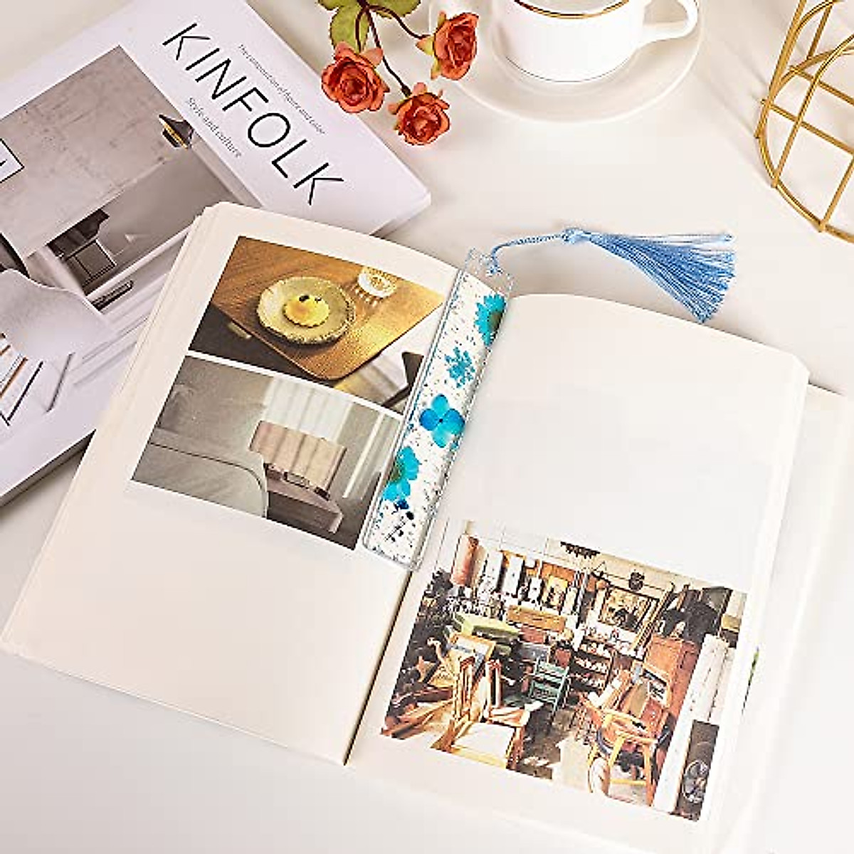 RMSK Book Page Holder for Reading - 2 Pcs Dried Flower Resin Thumb Book Page Holder and 2 Pcs Bookmark with Tassel - Useful Book Accessories for Reading Lovers, Teachers, and Students