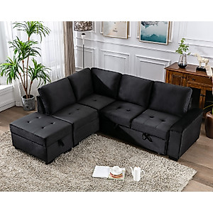 XD Designs Modern Reversible Sleeper Sectional Sofa, L-Shape Corner Couch, Pull Out Sofa-Bed Couch with Storage Ottoman and Hidden Arm Storage, Large Chaise Lounger for Living Room (Black-Large)