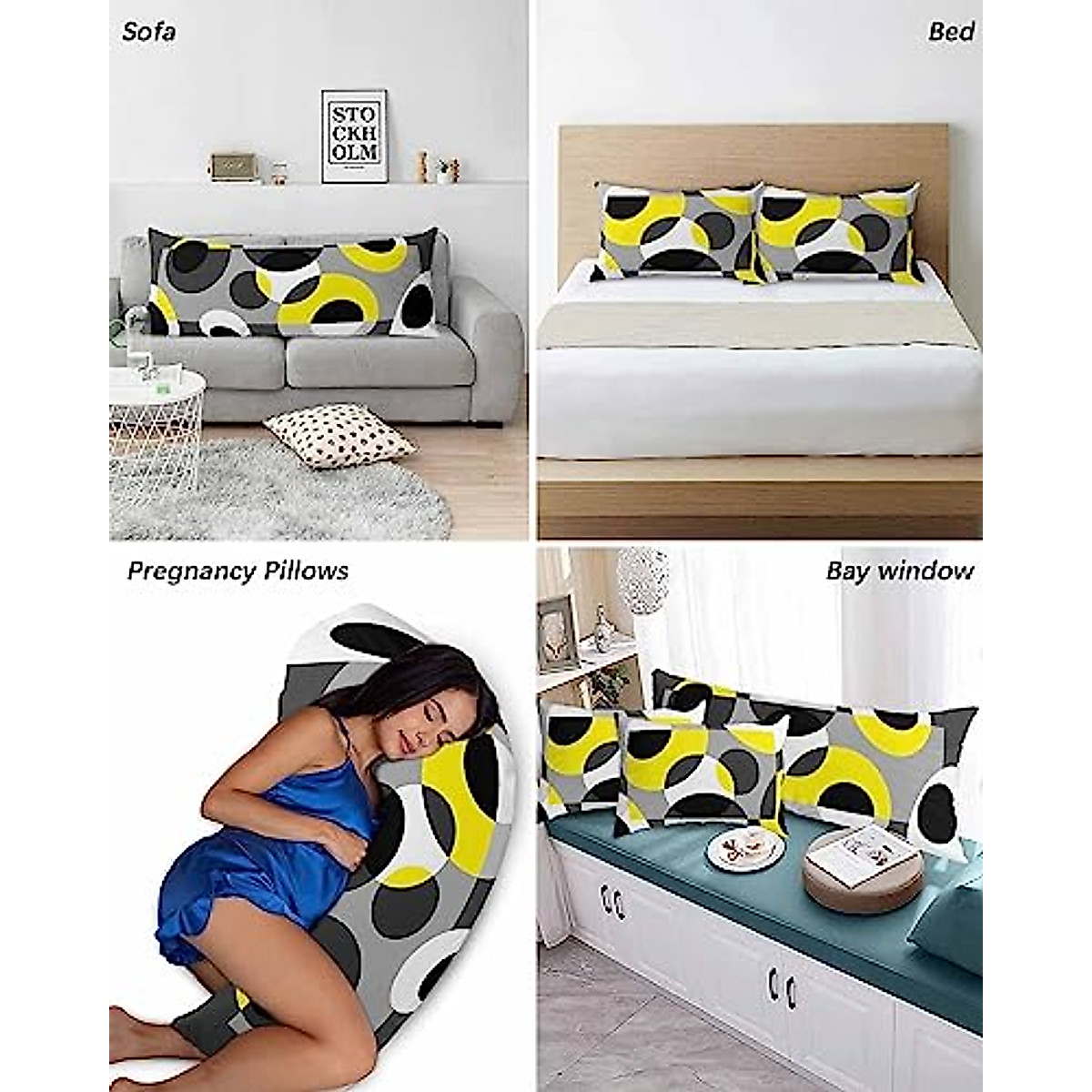 Yellow Black Grey Pillow Covers Standard Size Set of 2 Bed Pillow, Modern Geometric Abstract Art Aesthetics Plush Soft Comfort for Hair/ Skin Cooling Pillowcases with Envelop Closure 20''x26''