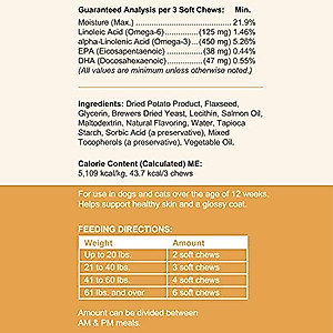 Chew + Heal Salmon Oil for Dogs - 180 Soft Chew Omega Treats for Skin and Coat - Fish Oil Blend of Essential Fatty Acids, Omega 3, 6, and 9, Vitamins, Antioxidants and Minerals - Made in USA