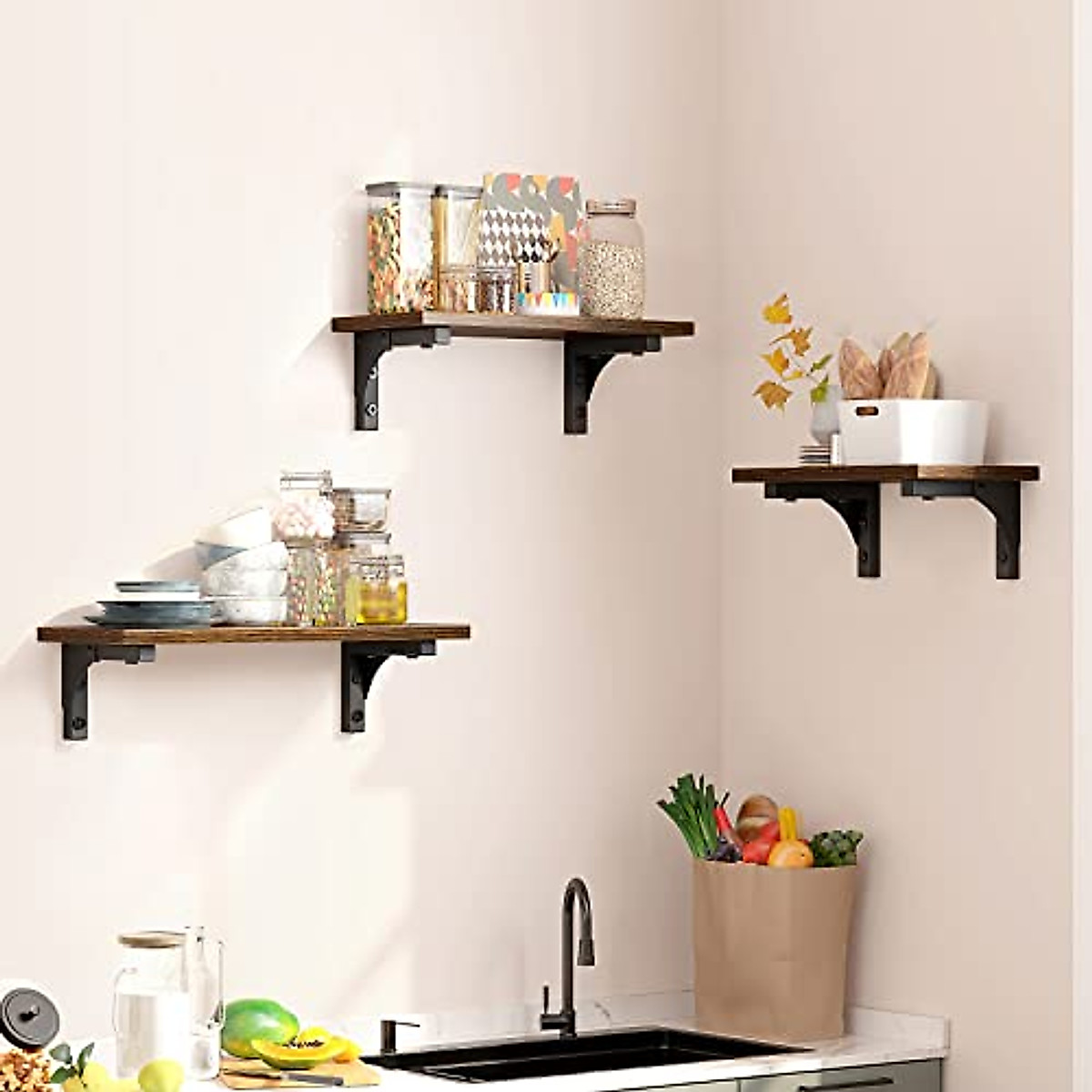 EZFurni Floating Shelves Wood for Wall,Set of 3 Rustic Floating Shelves for Storage,Wider Shelving Wall Mounted for Kitchen, Bedroom, Bathroom,Brown