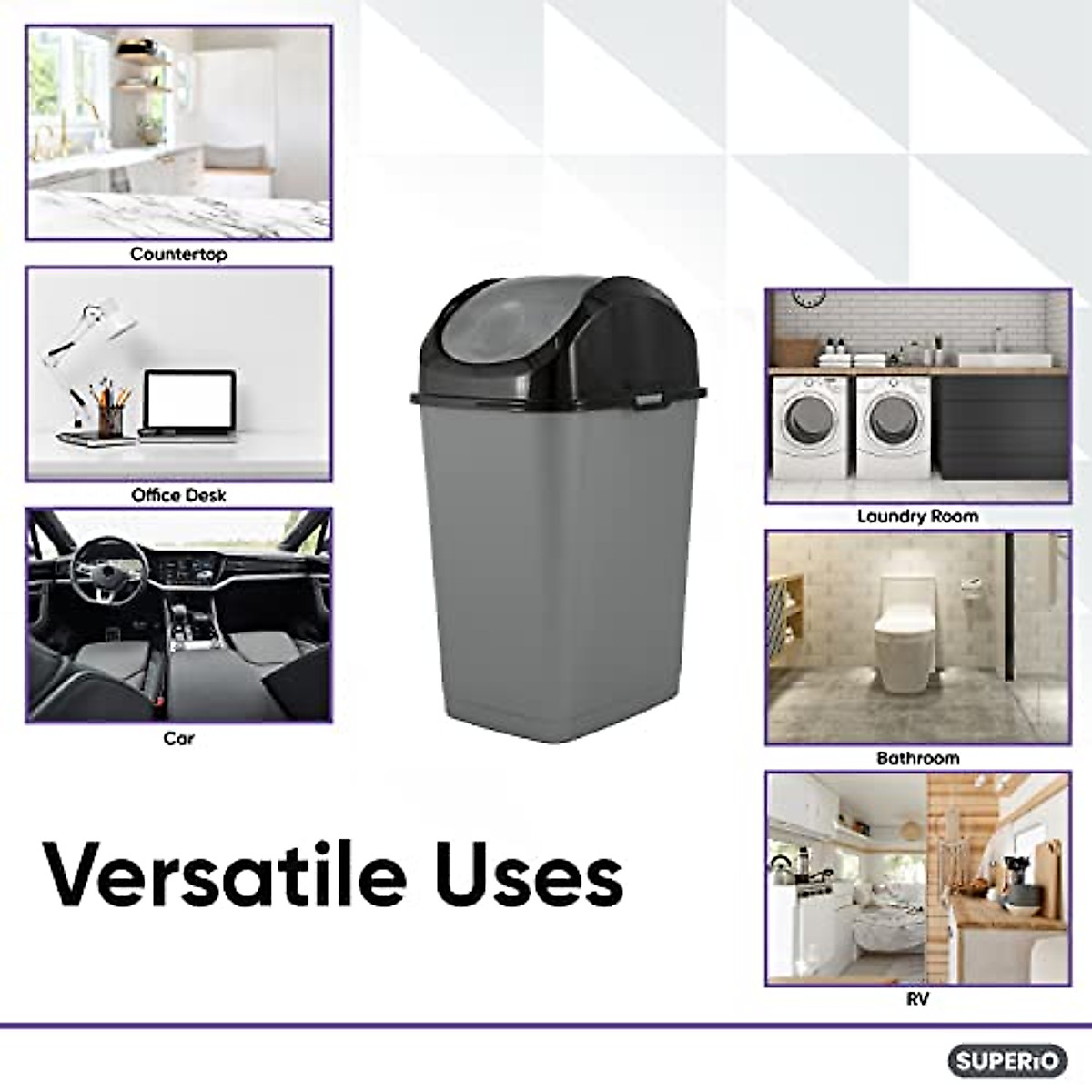 Superio 1.25 Gal Mini Plastic Trash Can with Swing Top Lid Small Waste Bin for Countertop, Desk, Vanity, Bathroom 5 Quart (Grey/Black)