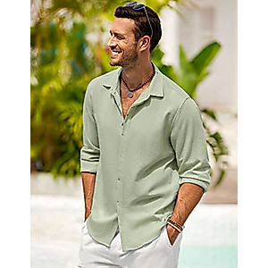 COOFANDY Men's Beach Linen Shirts Long Sleeve Casual Buttton Down Shirts Beach Dress Shirt Light Green