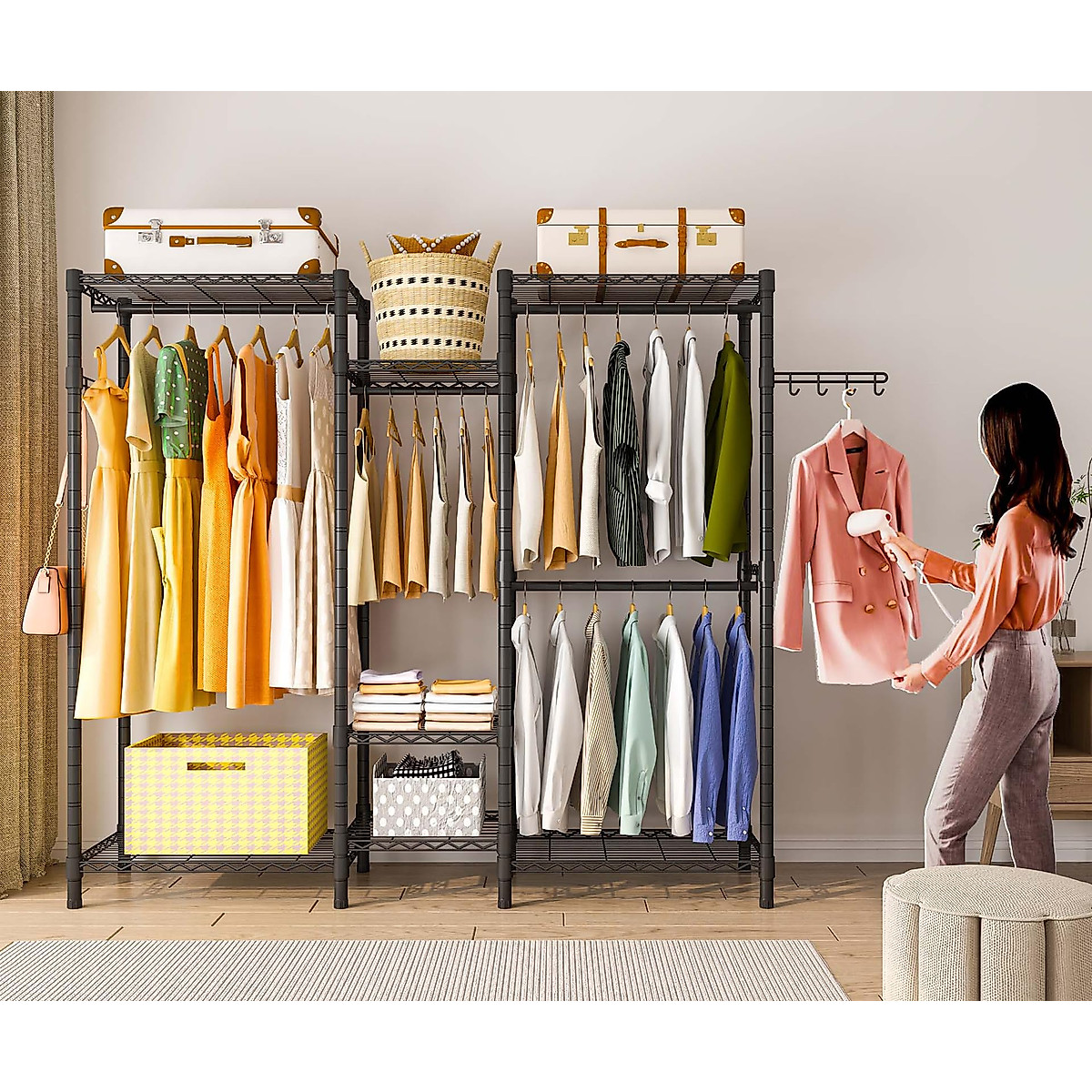 Exglobol Heavy Duty Garment Rack, Portable Wardrobe Clothes Rack Freestanding Adjustable Clothing Rack with 7 Tiers Adjustable Wire Shelving and 4 Hanger Rods, Black