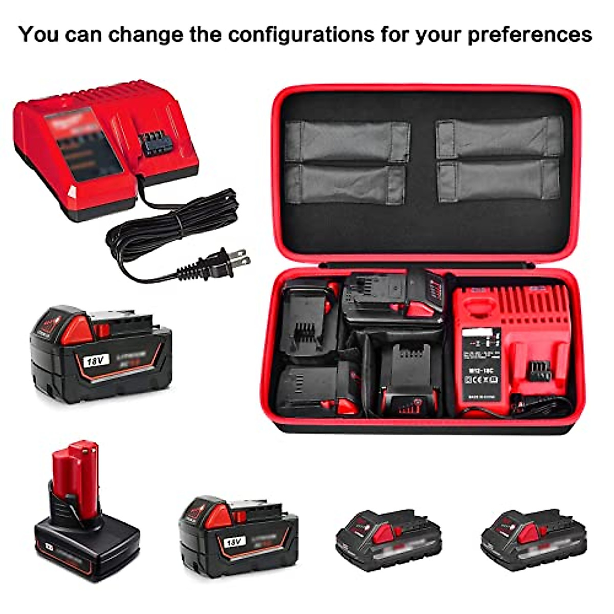 Extra Large Battery Holder Storage Case for Milwaukee M18/ M12 Lithium-Ion, Batteries Charger Organizer Carrying Box Holds 18V 12V 2.0/3.0/4.0/6.5/5.0/8.0/6.0/9.0/12.0-Ah Batteries, Adapter (Bag Only)