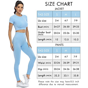JOLLMONO 2 Piece Short Sleeve Outfits for Women Seamless Crop Tops Set for Women Workout Set(8005L-Light Blue)