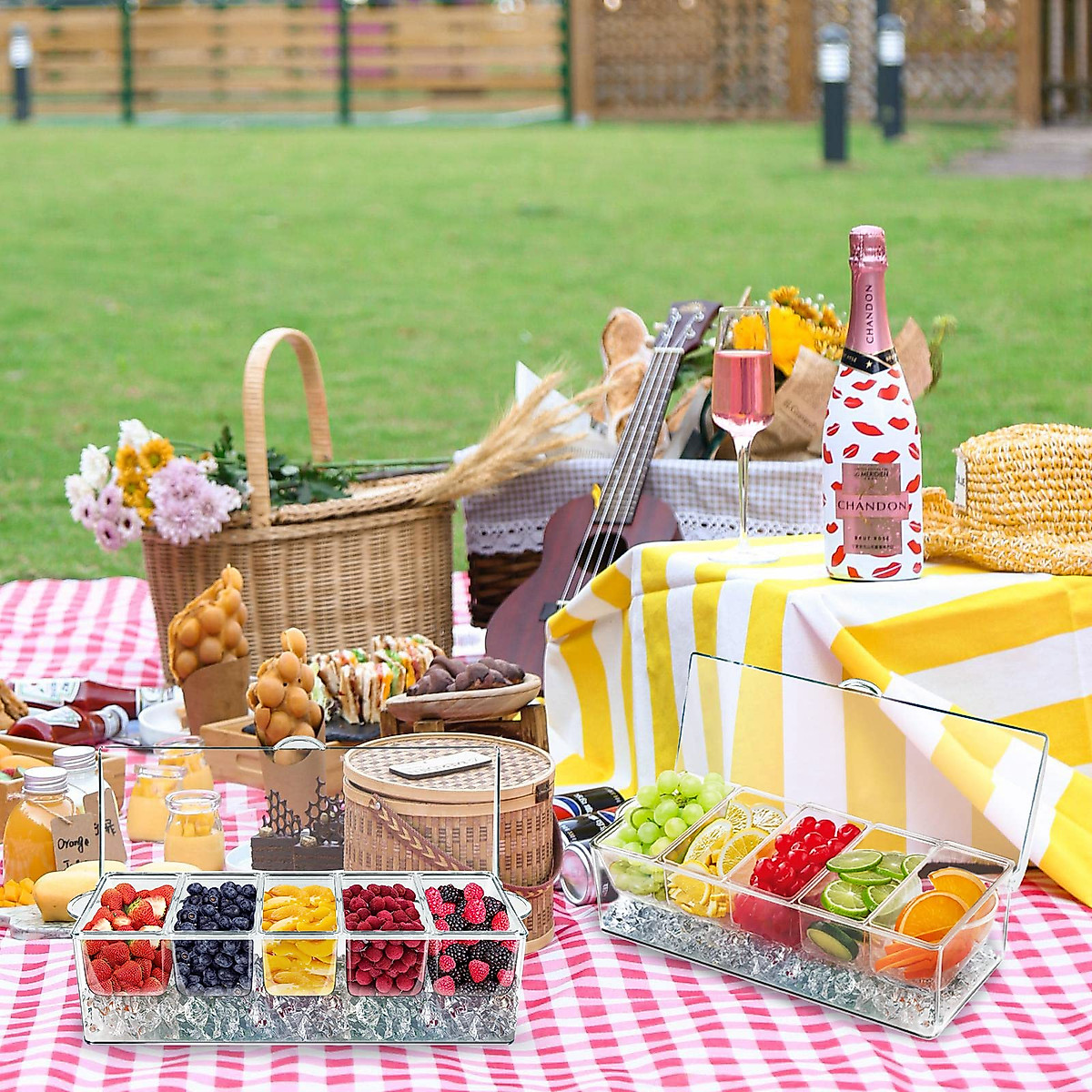 INNOVATIVE LIFE Bar Serving Tray on Ice with 5 Compartments Container, Fruit Trays for Serving , Garnish Platters with Lid , Clear