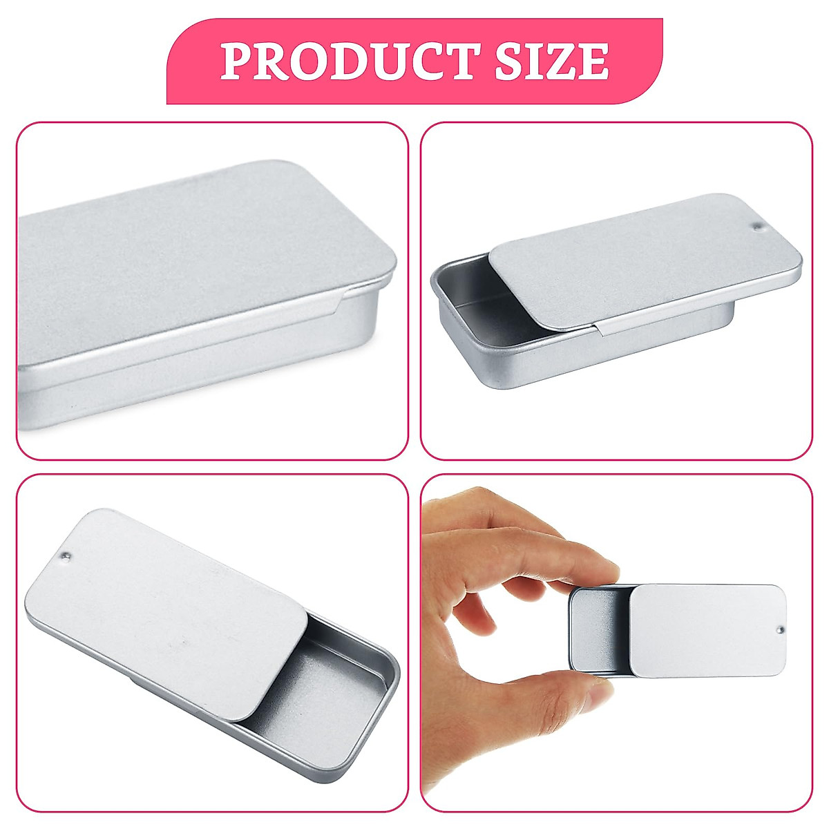 DAJAVE 100 Pack Metal Slide Top Tin Containers, 0.5 oz Mini Metal Tin Containers, Rectangle Metal Tin Box with Slide Lids for Lip Balm Jewelry Crafts Pills(Silver)