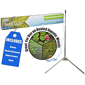 Crystal Blue Pond & Lake Weed Cutter - 42 inch Wide Cutting Path, Includes 20 Foot Rope, Blade Sharpener & Safety Gloves - Remove Common Pond Weeds, Chara, Lilly Pads, Small Leaf & More