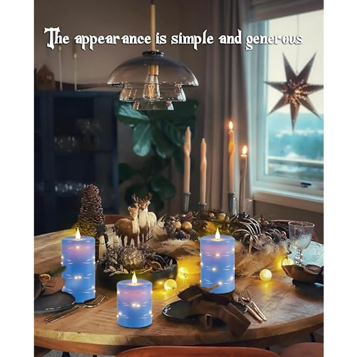 Upinmz Flameless Candle with String of Lights Battery Powered LED Candle Flashing Candle with Remote Control and Timer 3 Packs (Blue)