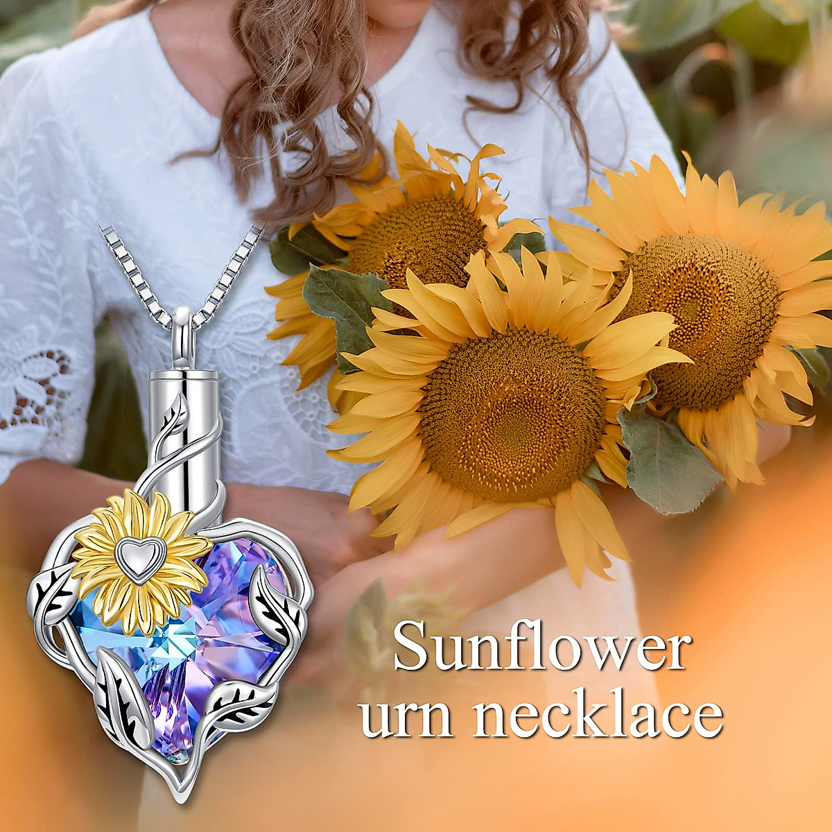 TOUPOP Sunflower Necklace for Ashes S925 Silver Sterling with Crystal Cremation Jewlry for Women