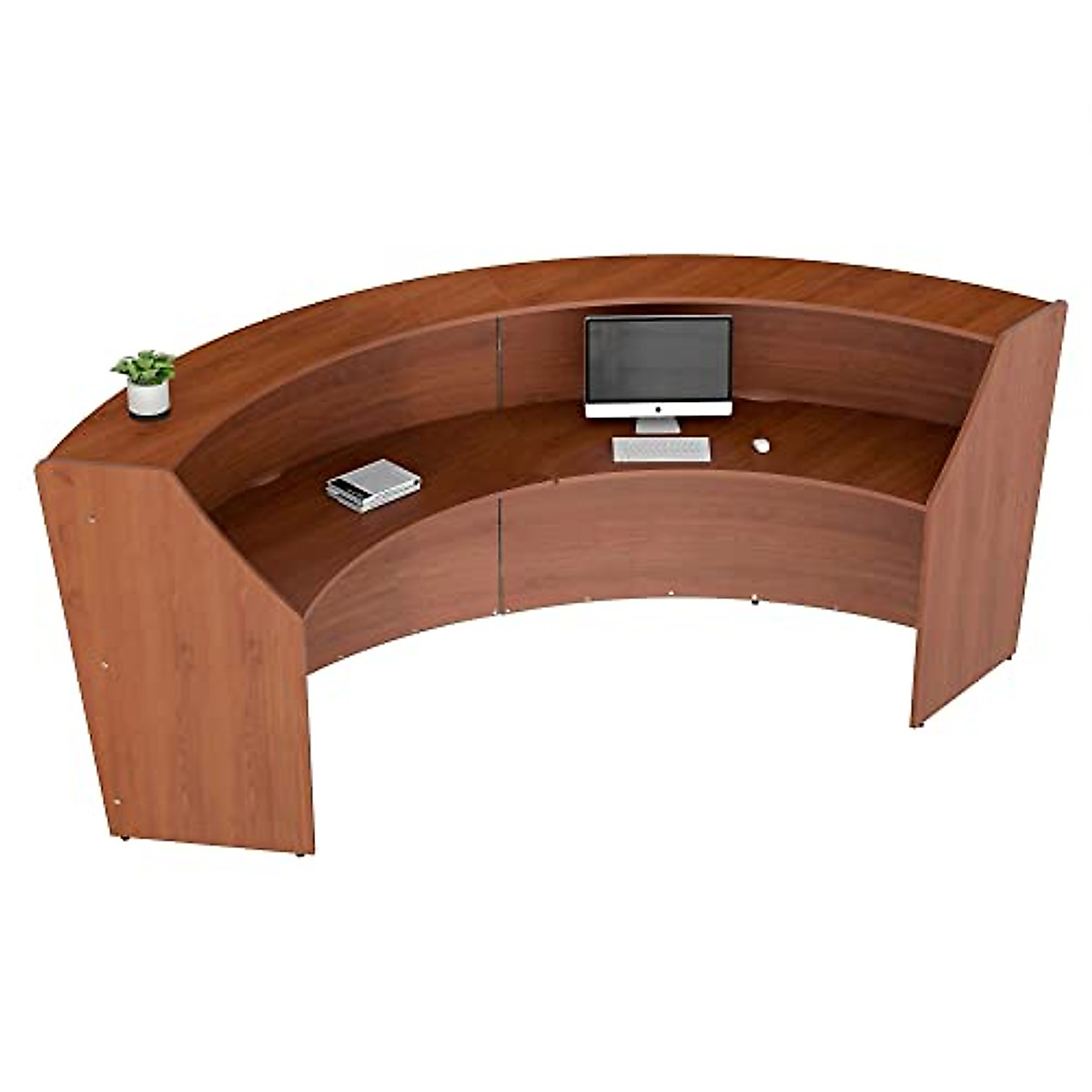 Linea Italia Curved Modern Office Desk Easy to Assembly 2 Panel Reception Counter for Lobby, Salon, 124" x 49", Cherry
