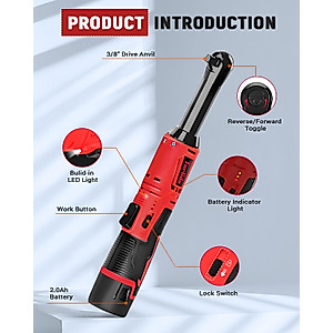 Tarlido 3/8" Electric Ratchet Wrench, 4" Extended 40 Ft-Lbs 400 RPM 12V Cordless Battery Powered Ratchet Wrench Set with LED Light, Including 2 Batteries, 11 Sockets and Fast Charge