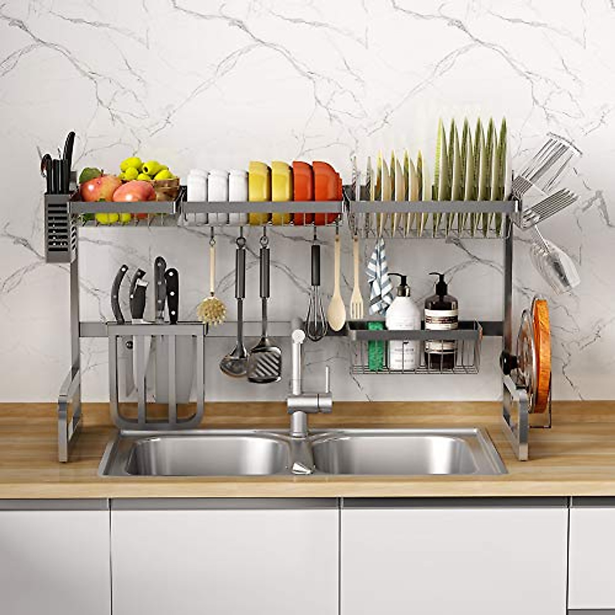 1Easylife Over The Sink Dish Drying Rack Adjustable 2-Tier Large Dish Dryer Rack for Kitchen Organizer Storage Space Saver Shelf Utensils Holder with 7 Utility Hook Tableware Drainer (Silver)