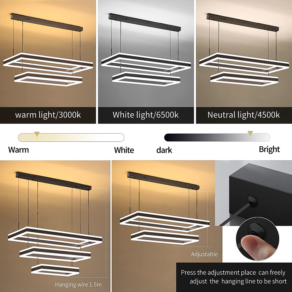 Modern LED Chandelier, Double Rectangles Ceiling Pendant Lights, LED Island Lights Dimmable Chandeliers for Dining Room Living Room Bedrooms, Black (40CM/60CM)