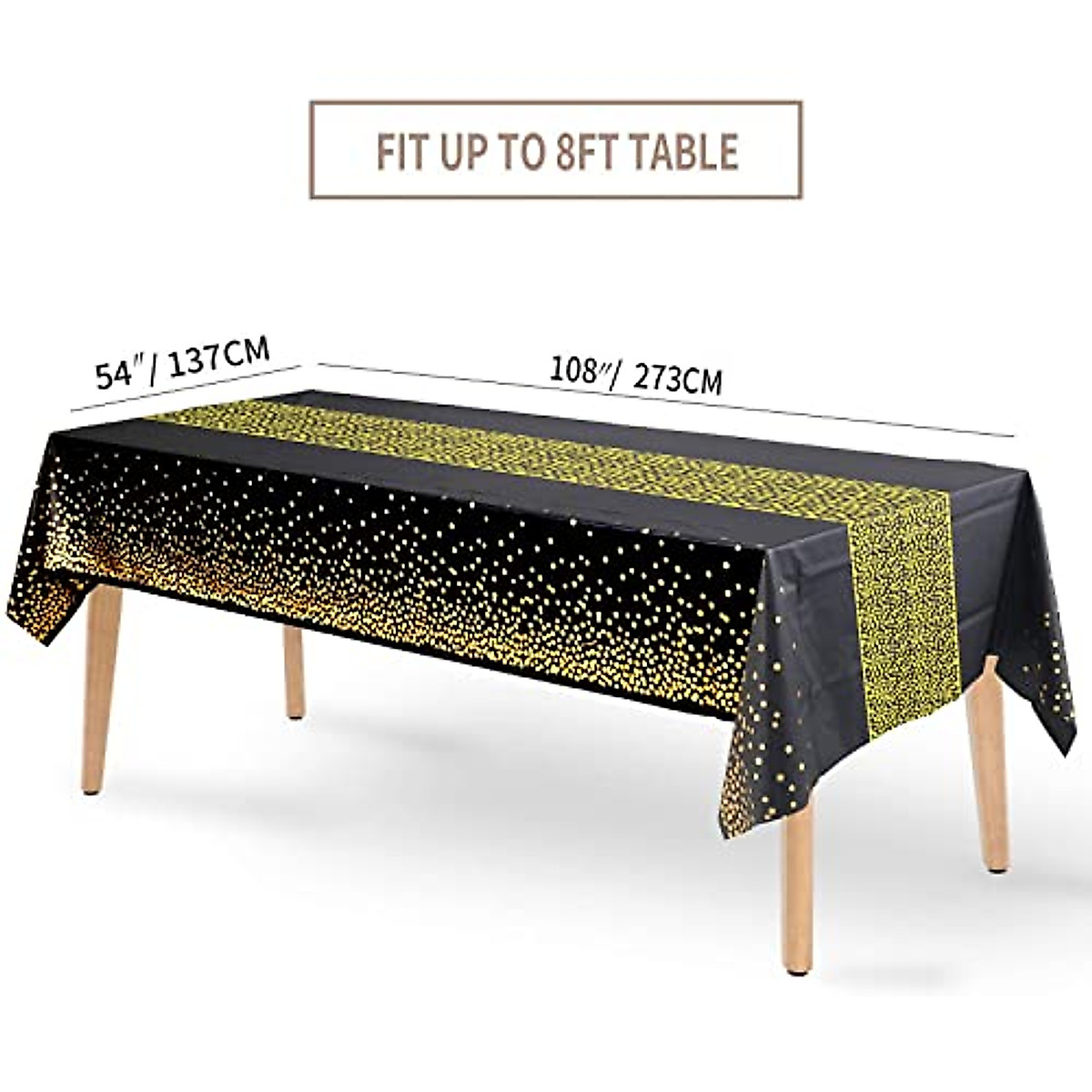 FECEDY 4 Packs 54"x108" Gold Wave Point Black Disposable Plastic Table Cover Waterproof Tablecloths for Rectangle Tables up to 8 ft in Length Party Decorations