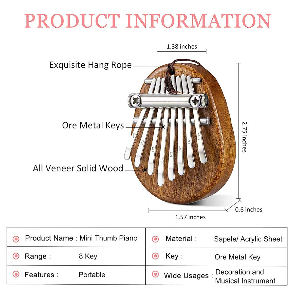 Melogale Kalimba Portable Mini 8 Key Thumb Piano Marimba Mbira Kisanji Musical Good Accessory Pendant Finger Piano Gift for Adults and Children