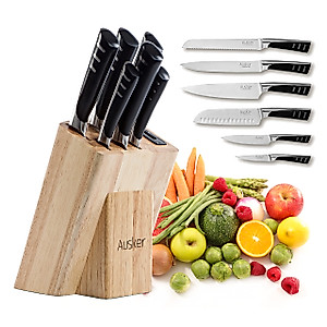 Ausker - Kitchen Knife Set Block with Sharpener, Chef, Santoku, Paring, Utility, Carving and Bread Knives, Stainless Steel Professional Kitchenware (Set of 6)