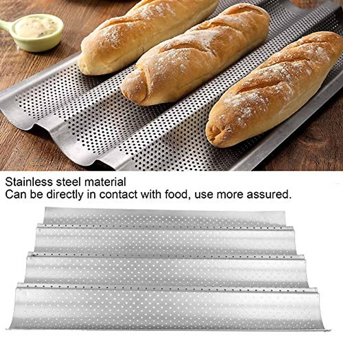 Psytfei Mold Baguette Mold Stainless Steel Silver NonStick MultiGrooves Waves French Bread Pan Baguette Baking Cooking Tray Mold Kitchen Tool(Four grooves)